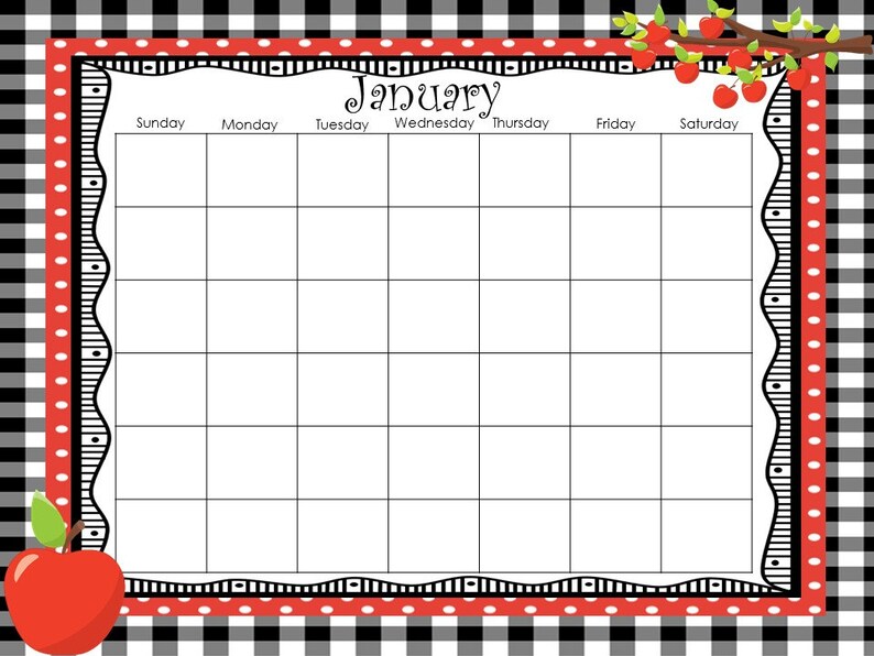 Apple-themed Blank Monthly Calendar, Printable Classroom Decor (PDF) - Etsy