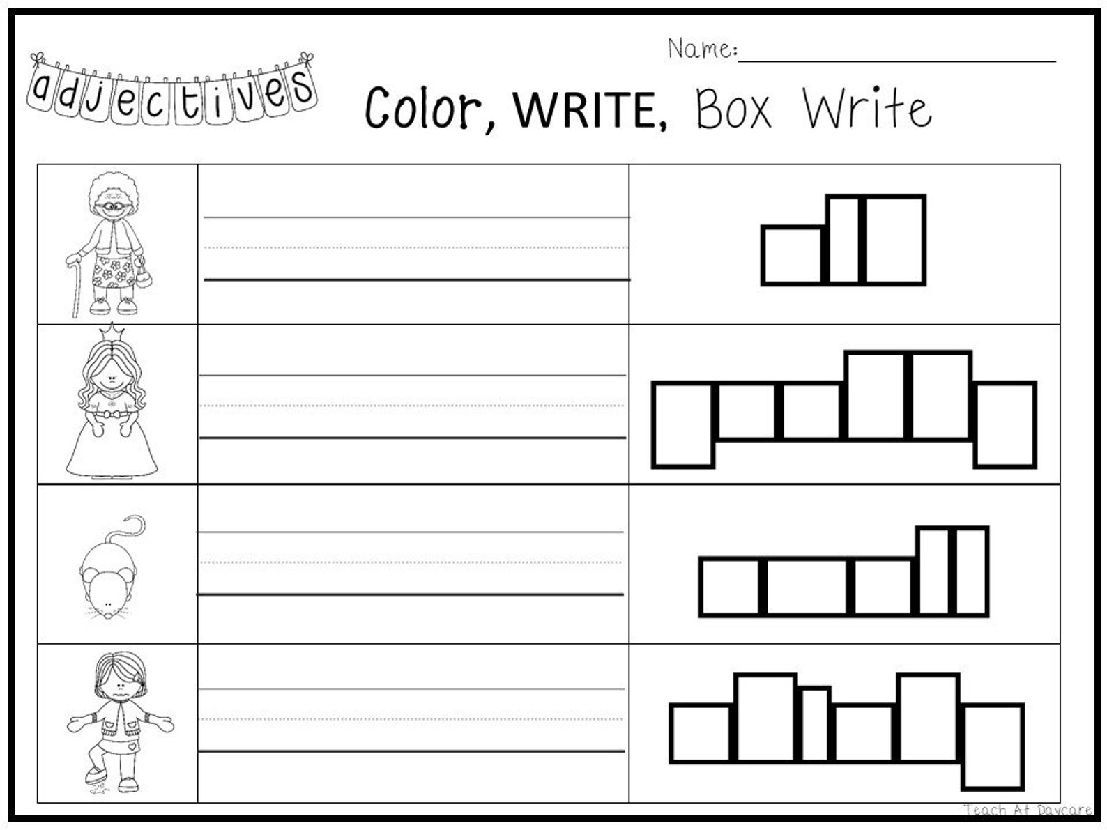 10 Printable Adjectives Color Trace Box Write Worksheets. | Etsy