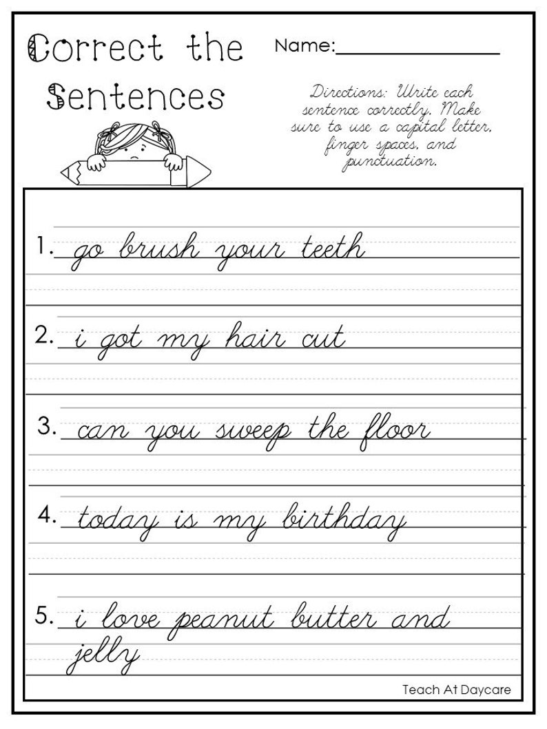 10 Printable Cursive Correct the Sentences Worksheets. 1st-2nd Grade ...