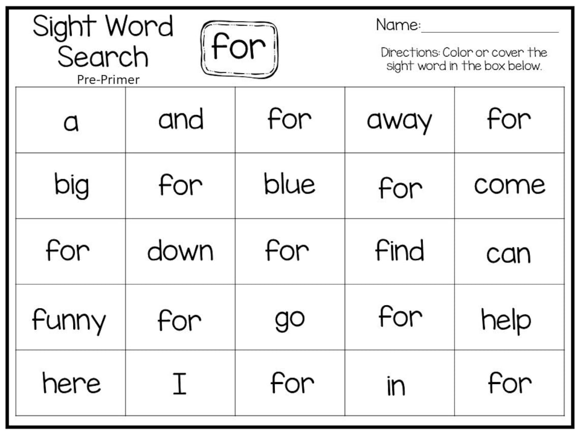 40 Printable Dolch Pre-primer Sight Word Search Worksheets. - Etsy