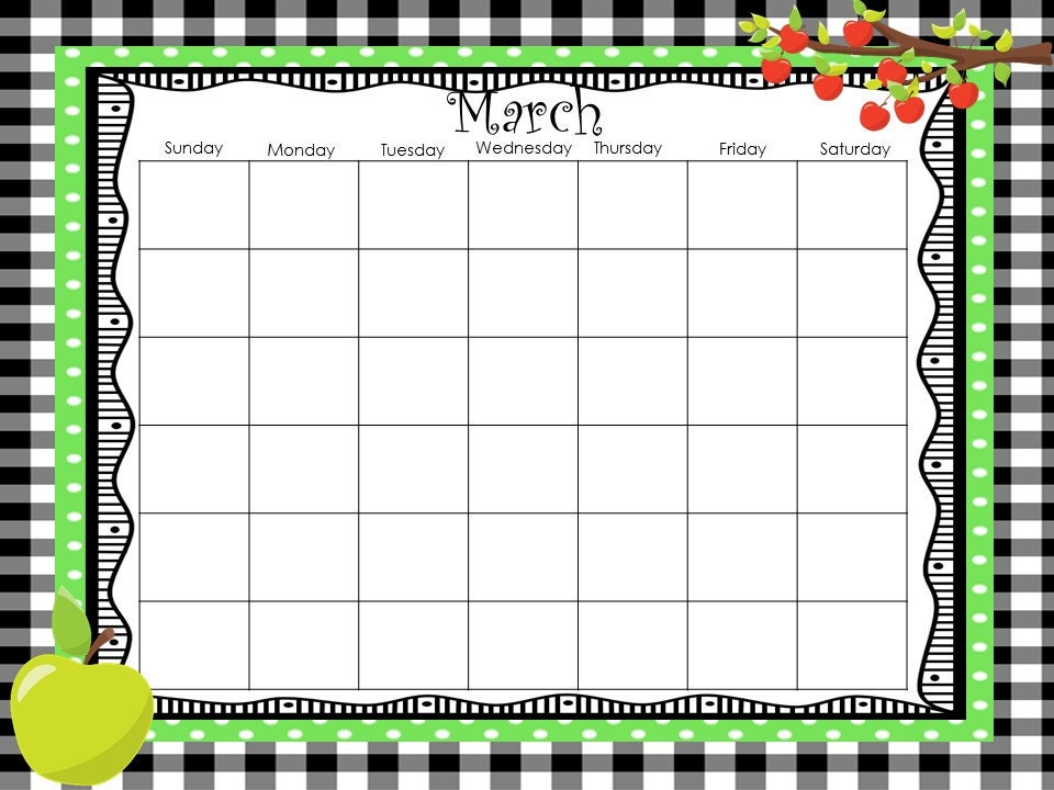 Apple-themed Blank Monthly Calendar, Printable Classroom Decor (PDF) - Etsy