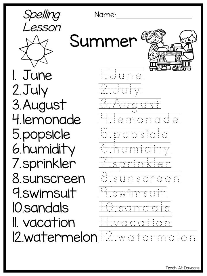 Kindergarten Spelling Words For Summer Summer Two Spellings