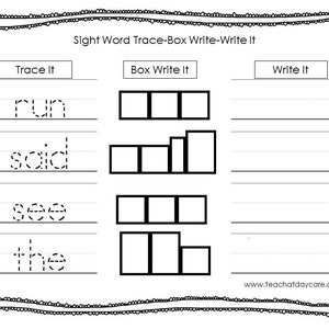 10 Printable Dolch Pre-primer Sight Words Trace It, Box Write It, Write ...
