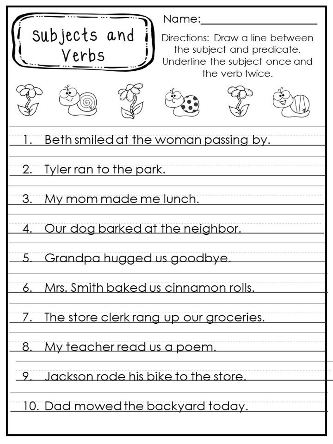 Identifying Subject, Predicates, and Verbs in a Sentence Worksheets ...