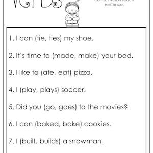 10 Printable Choose the Correct Verb Worksheets. 1st-2nd Grade ELA ...