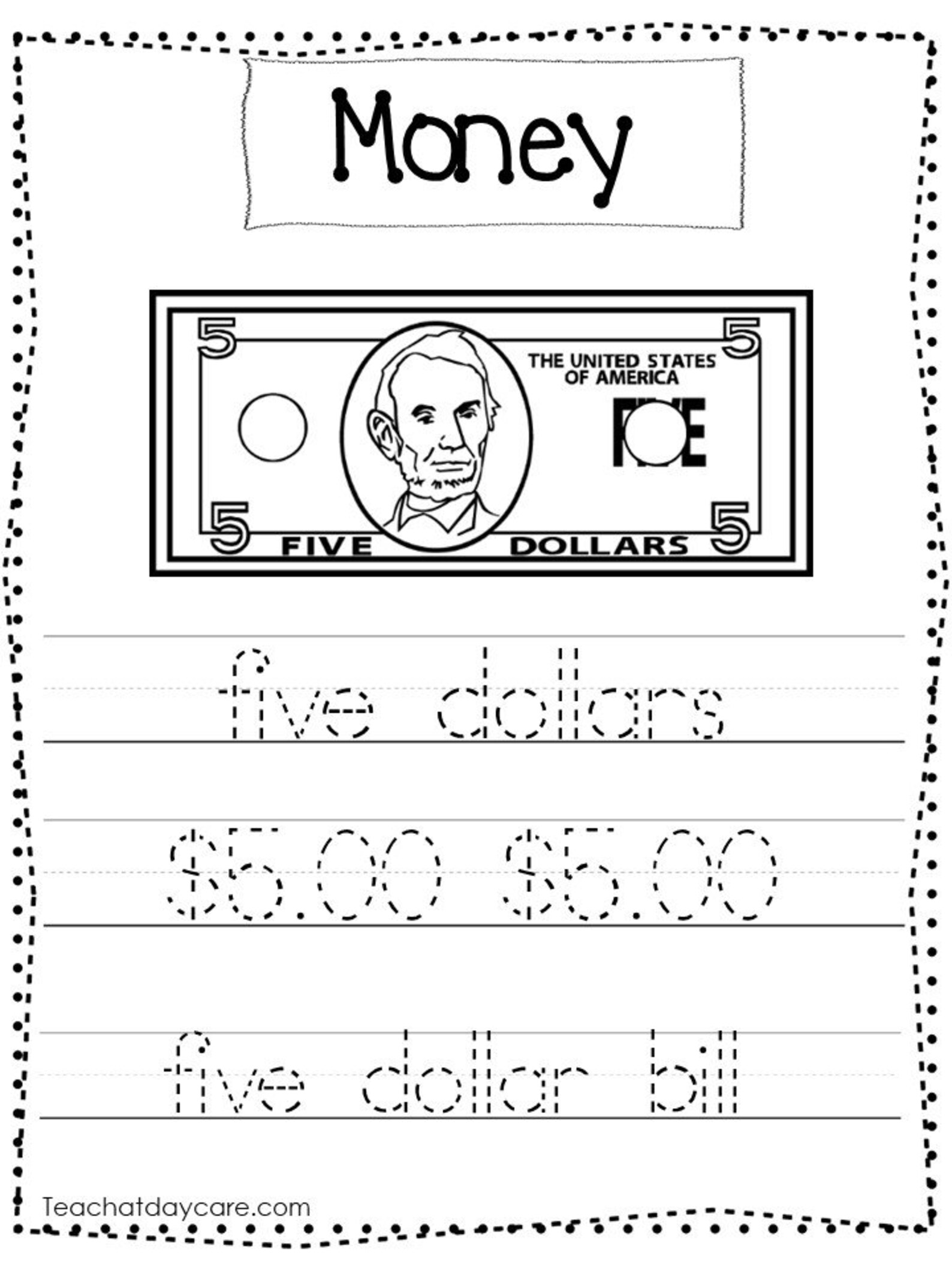 10 Printable Money Tracing Worksheets. Kdg.-2nd Grade Math. - Etsy