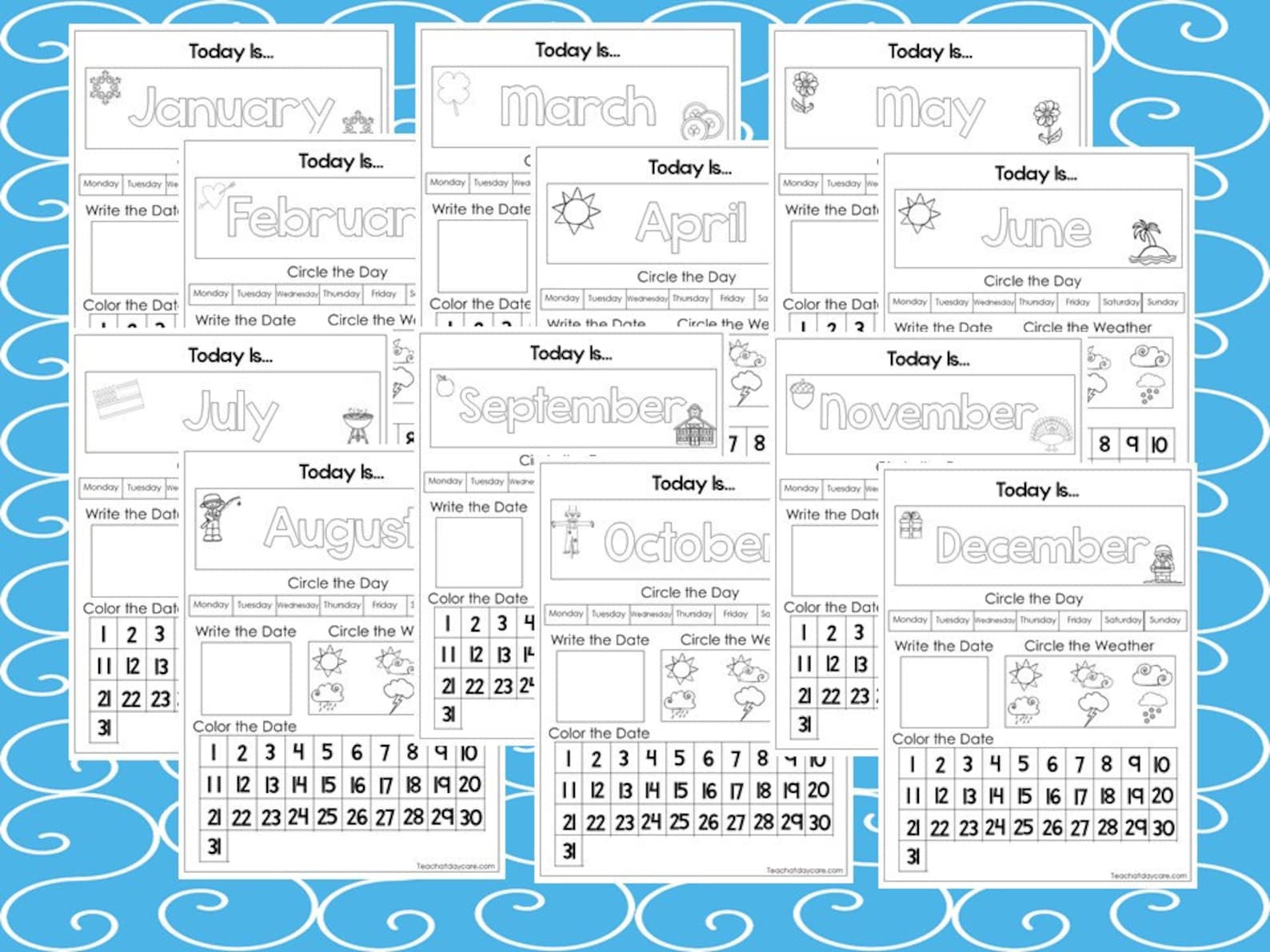 12 Printable Preschool Calendar Worksheet Pages. Month Day - Etsy