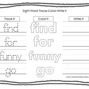 10 Printable Dolch Pre-primer Sight Words Trace It, Color It, Write It ...