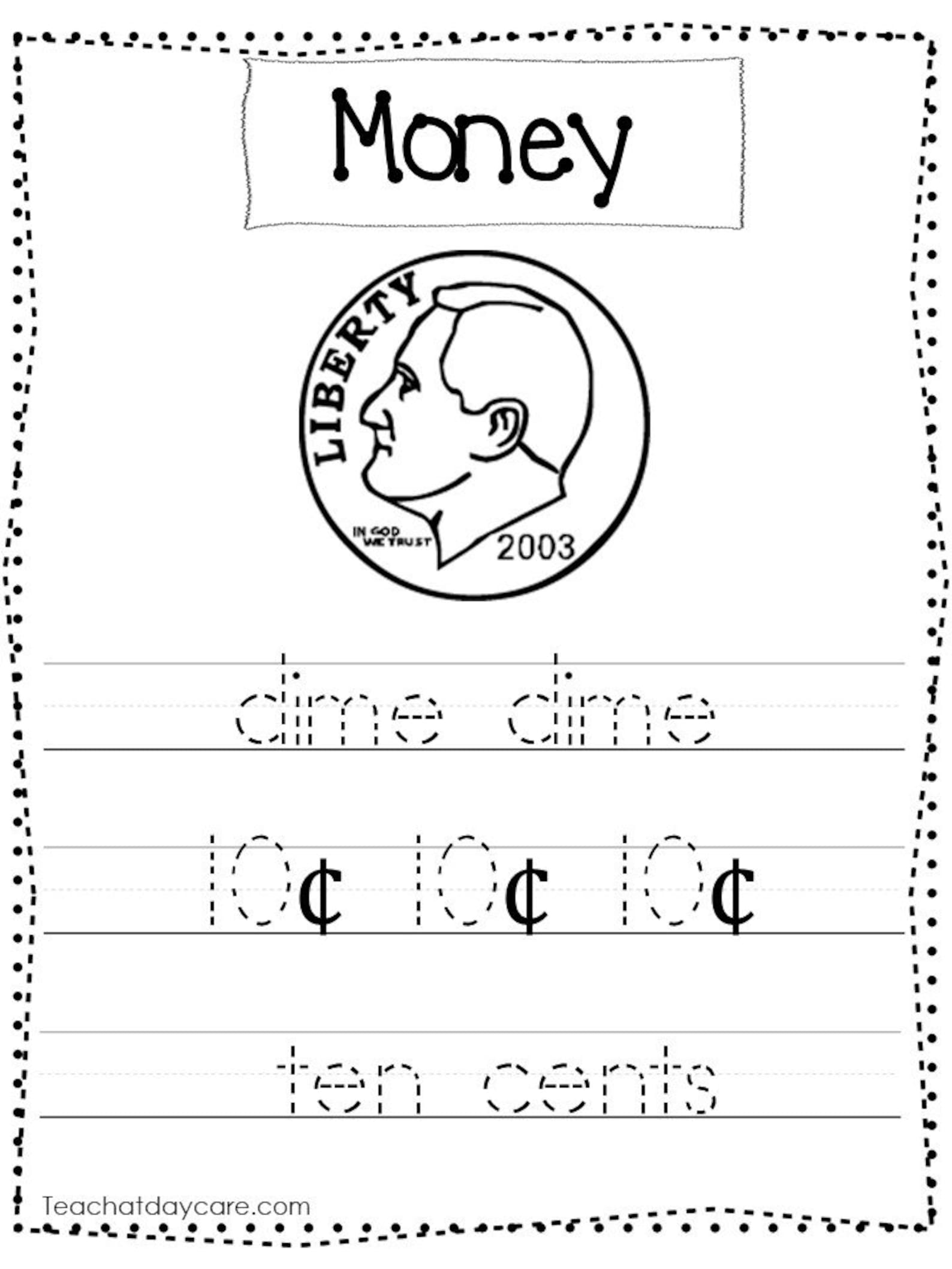 10 Printable Money Tracing Worksheets. Kdg.2nd Grade Math. - Etsy
