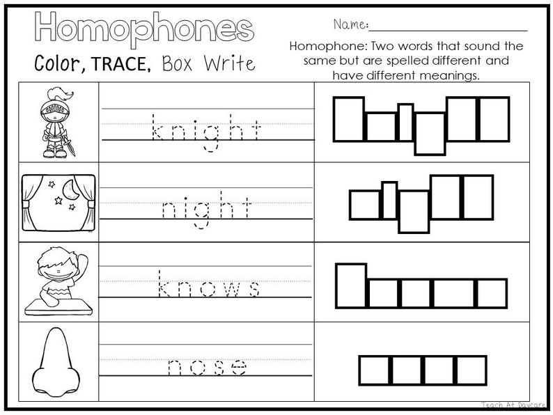 14 Printable Homophones Color, Trace, Box Write Worksheets. 1st-2nd ...