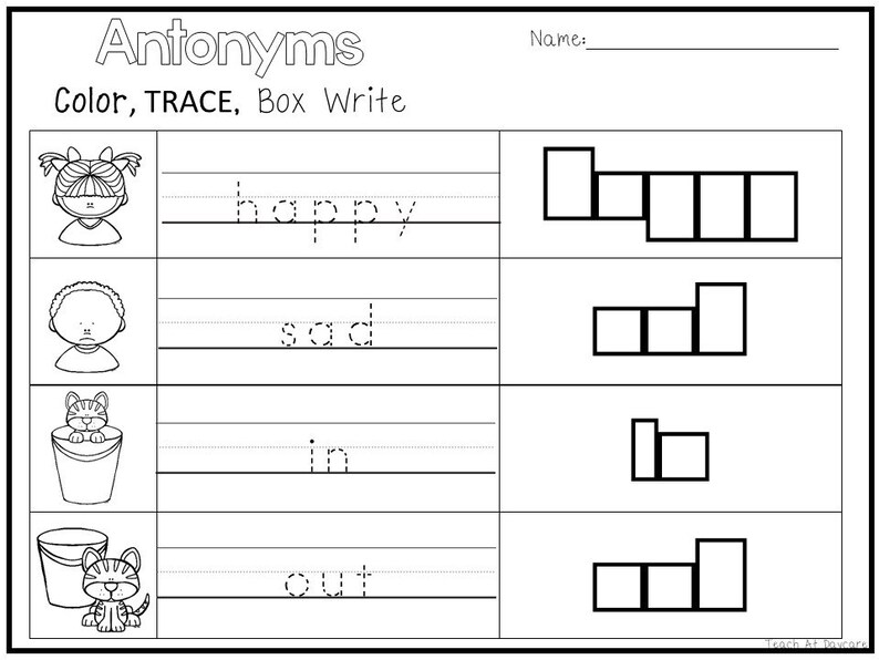 10 Printable Antonyms Color Trace Box Write Worksheets. | Etsy