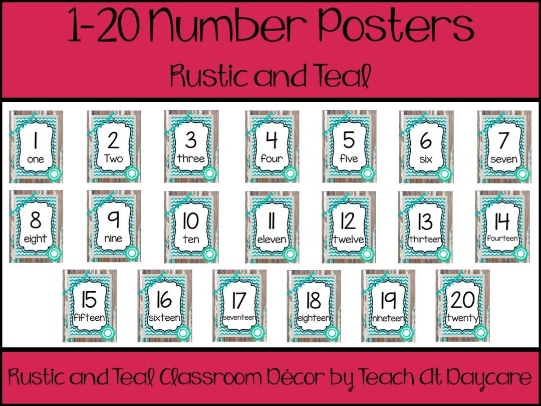 20 Printable Rustic and Teal Themed Numbers Posters. Numbers 1-20 ...