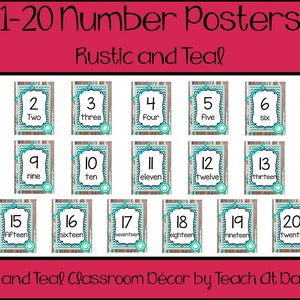 20 Printable Rustic and Teal Themed Numbers Posters. Numbers 1-20 ...