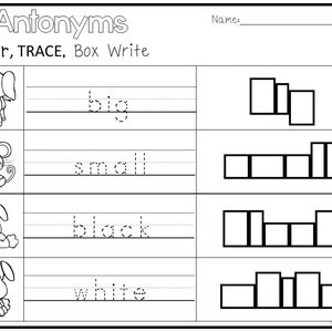 10 Printable Antonyms Color, Trace, Box Write Worksheets. 1st-2nd Grade ...