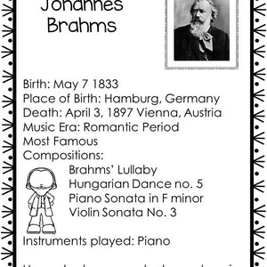 Johannes Brahms Great Composer Unit. Music Appreciation. - Etsy