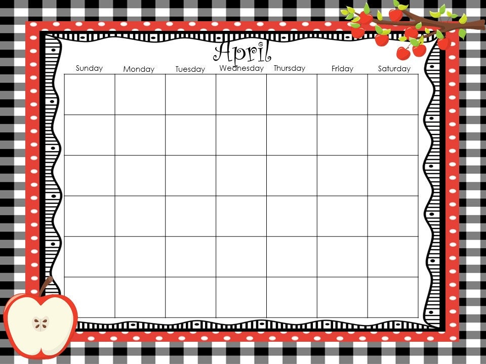 Apple-themed Blank Monthly Calendar, Printable Classroom Decor (PDF) - Etsy