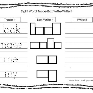 10 Printable Dolch Pre-primer Sight Words Trace It, Box Write It, Write ...