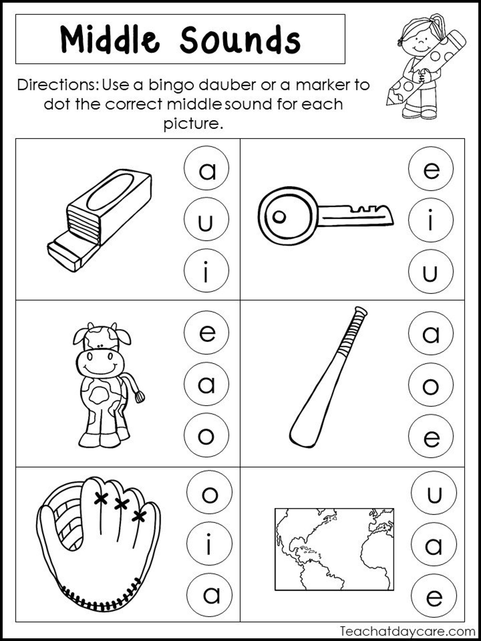 10 Printable Middle Sounds Worksheets. Preschool-1st Grade Phonics and ...