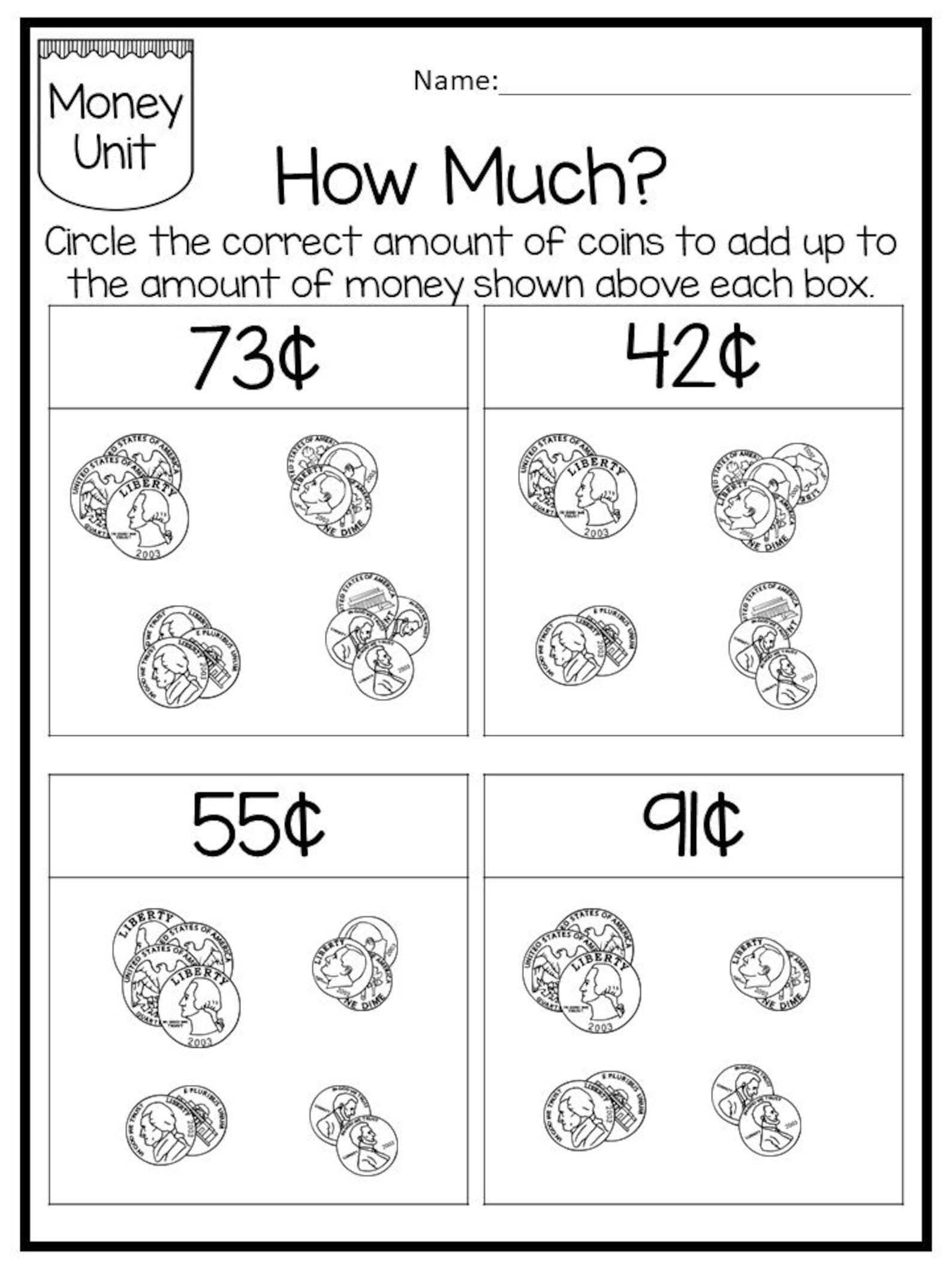 25 Circle the Correct Amount of Money Worksheets. Kindergarten - Etsy UK