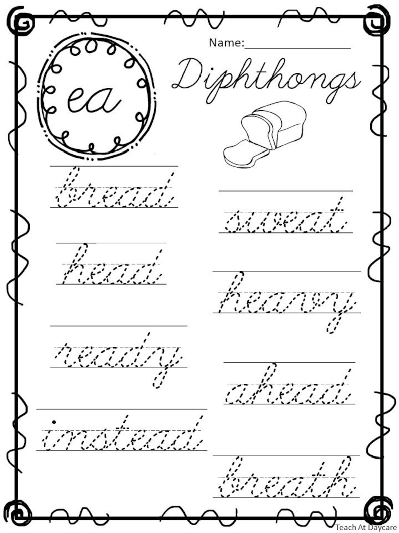 10 Printable Cursive Diphthongs Trace the Word Worksheets. Kindergarten ...