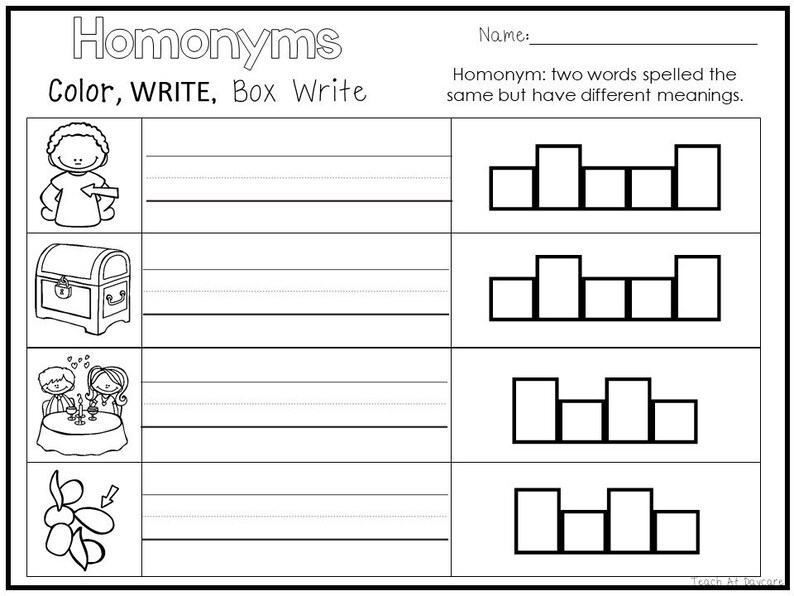 10 Printable Homonyms Color Trace Box Write Worksheets. | Etsy