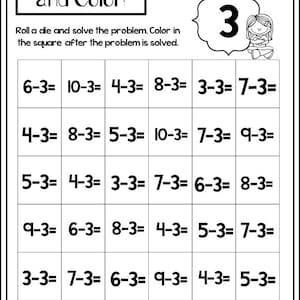 10 Printable Roll, Subtract, and Color Worksheets. Numbers 1-10 ...