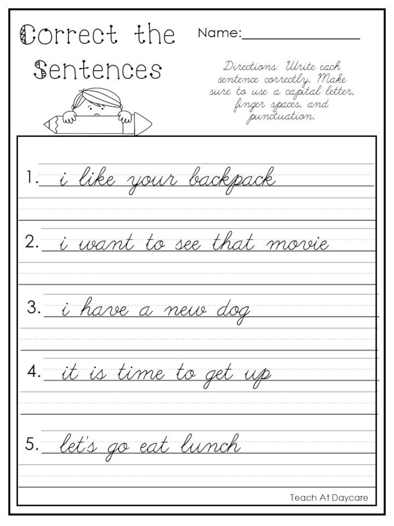 10 Printable Cursive Correct the Sentences Worksheets. 1st-2nd Grade ...