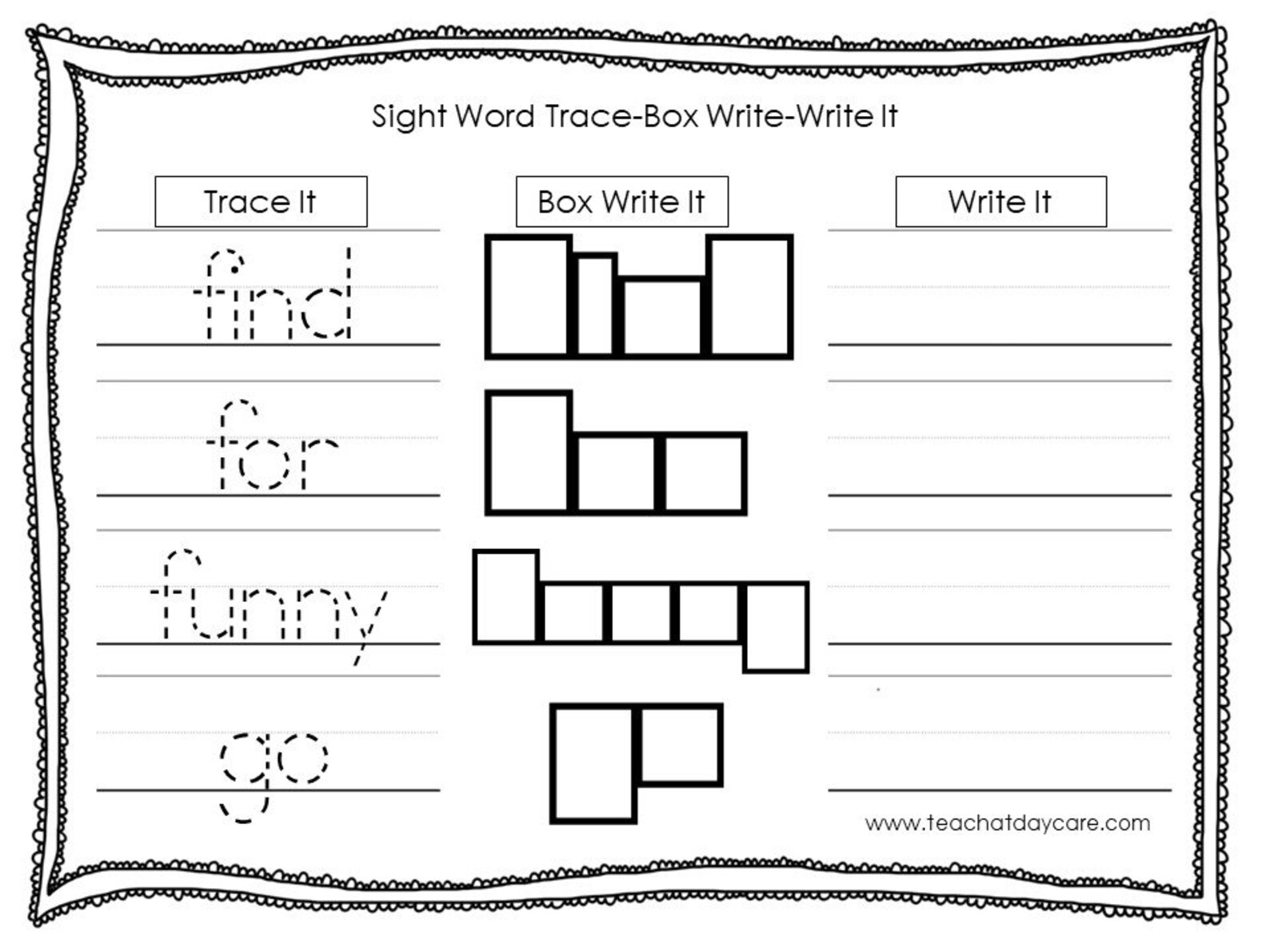 10 Printable Dolch Pre-primer Sight Words Trace It, Box Write It, Write ...