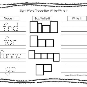 10 Printable Dolch Pre-primer Sight Words Trace It, Box Write It, Write ...