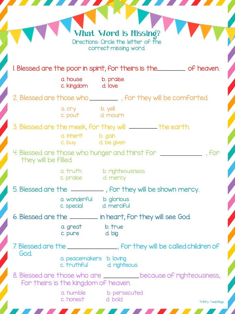 The Beatitudes Learning Packet. Activities and Worksheets. Color and ...