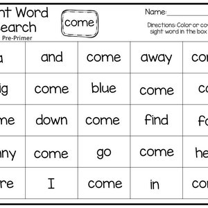 40 Printable Dolch Pre-primer Sight Word Search Worksheets. Preschool ...
