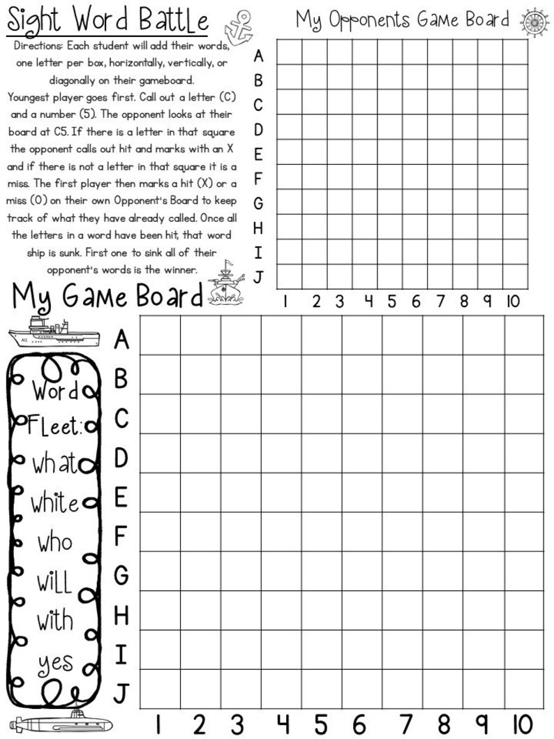 10 Printable Dolch Primer Sight Word Battle Worksheets. Prek ...