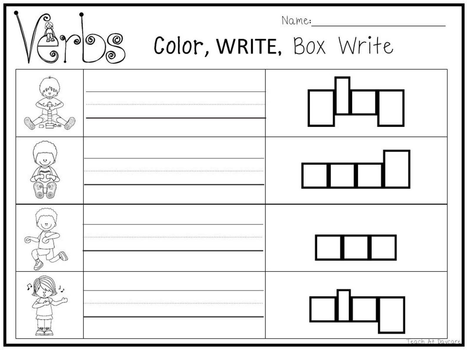10 Printable Verbs Color, Trace, Box Write Worksheets. 1st-2nd Grade ...