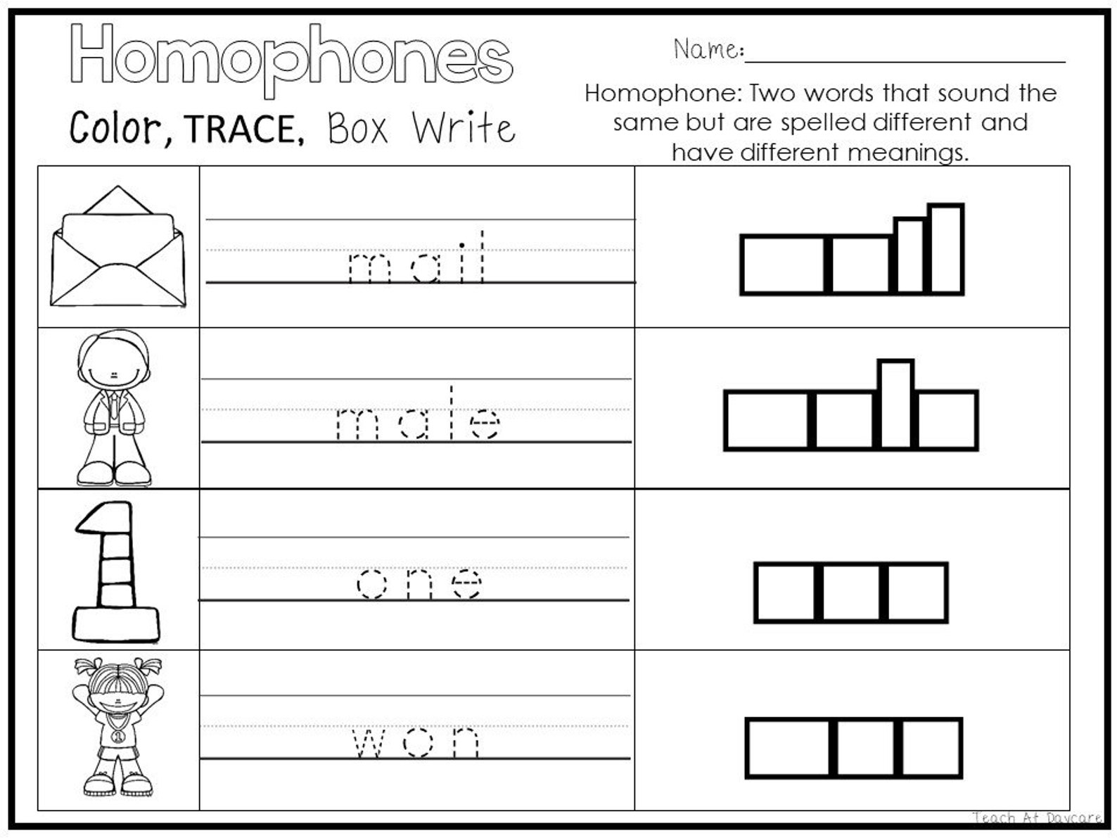 14 Printable Homophones Color, Trace, Box Write Worksheets. 1st-2nd ...
