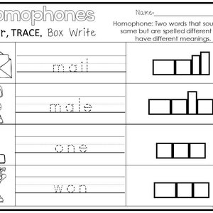 14 Printable Homophones Color, Trace, Box Write Worksheets. 1st-2nd ...