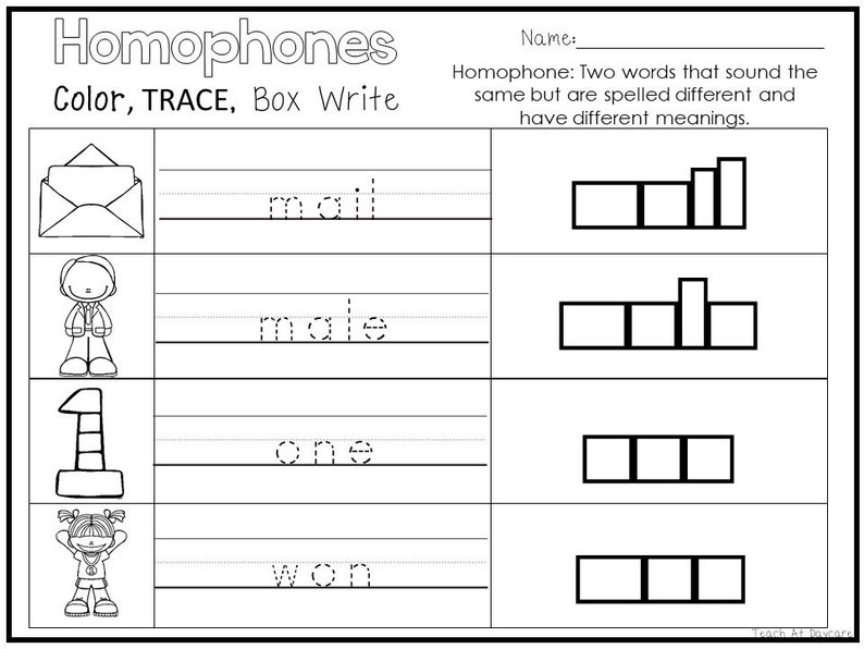 14 Printable Homophones Color, Trace, Box Write Worksheets. 1st-2nd ...