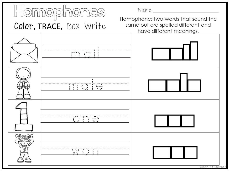 14 Printable Homophones Color, Trace, Box Write Worksheets. 1st-2nd ...