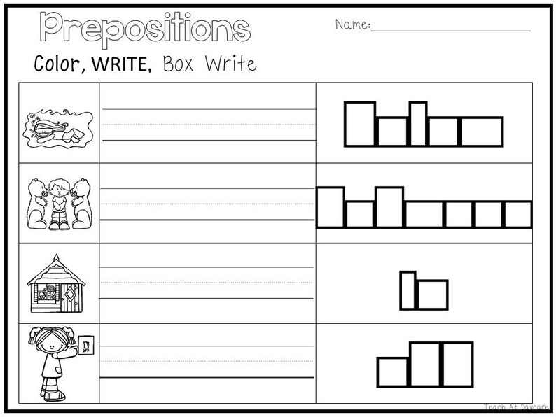 8 Printable Prepositions Color Trace Box Write Worksheets. | Etsy