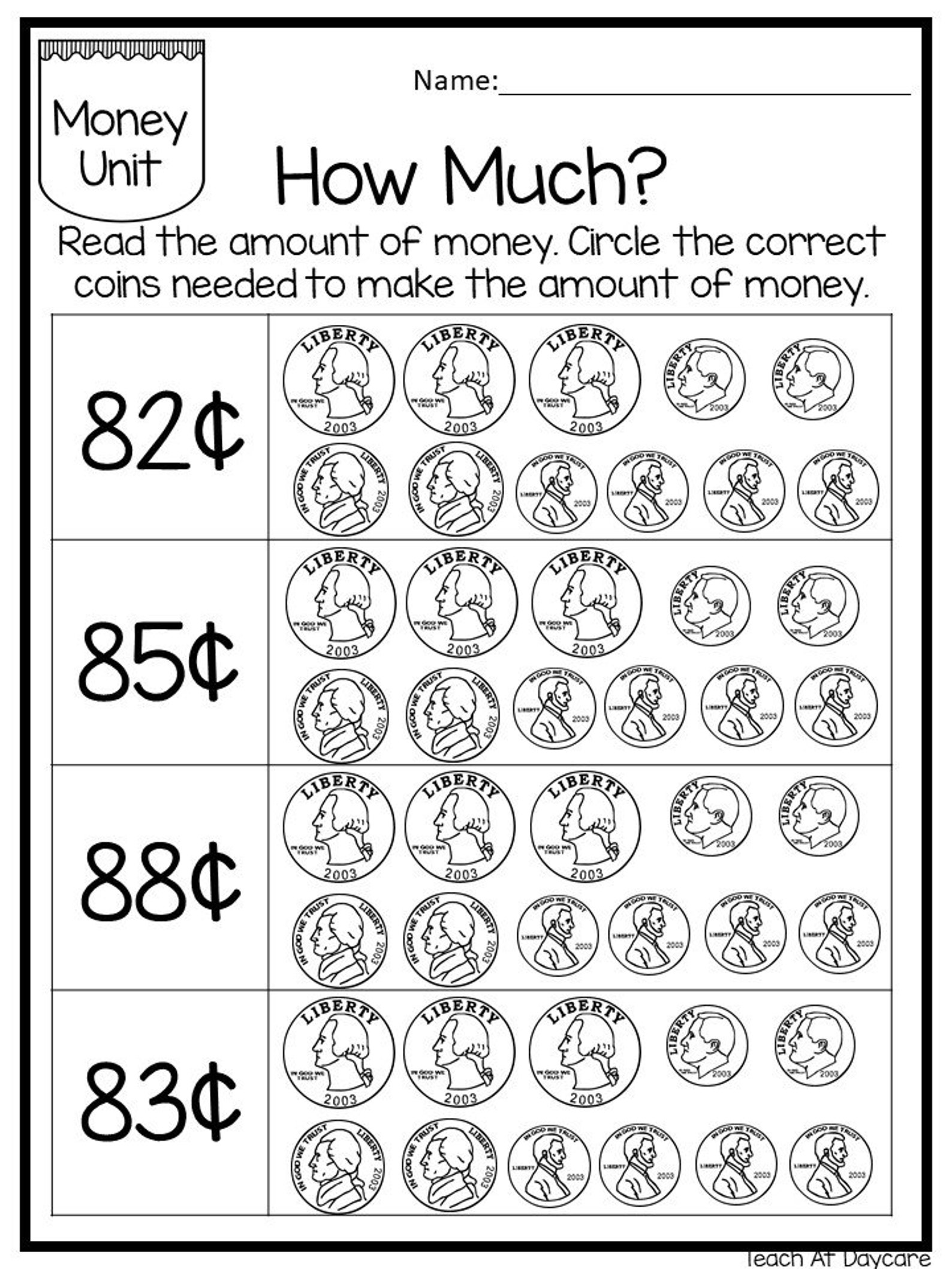 25 Circle the Correct Amount of Money Worksheets. Kindergarten Thru 3rd ...