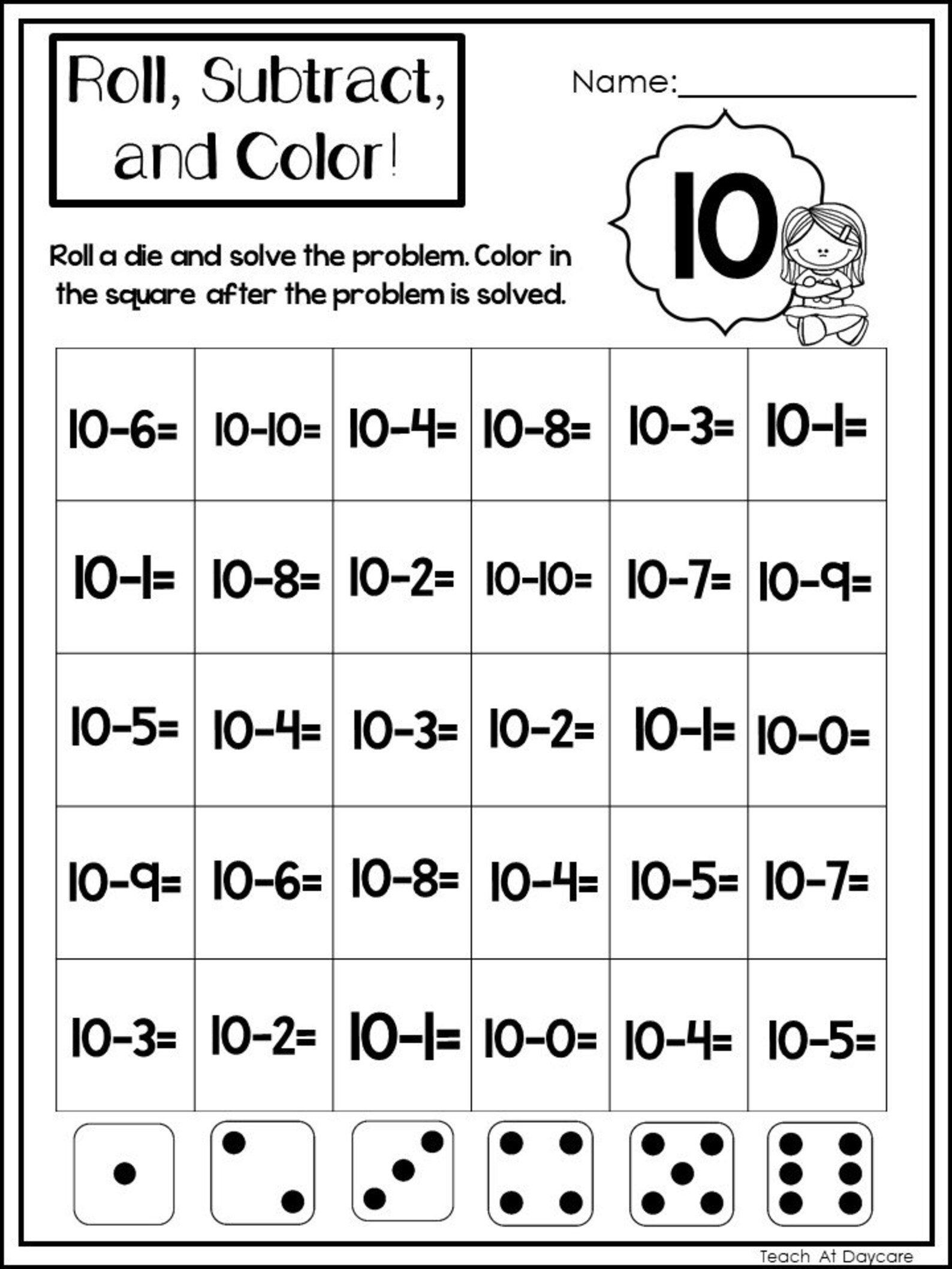 10 Printable Roll Subtract and Color Worksheets. Numbers | Etsy
