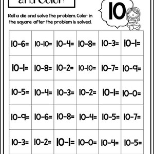 10 Printable Roll, Subtract, and Color Worksheets. Numbers 1-10 ...