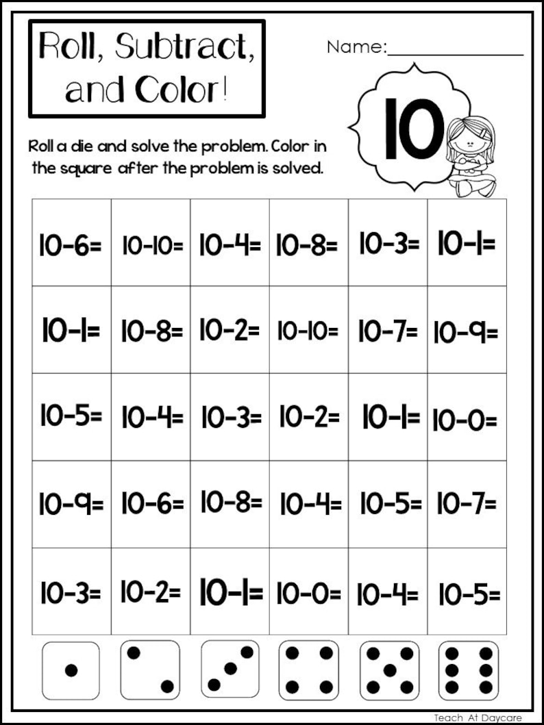 10 Printable Roll Subtract and Color Worksheets. Numbers | Etsy