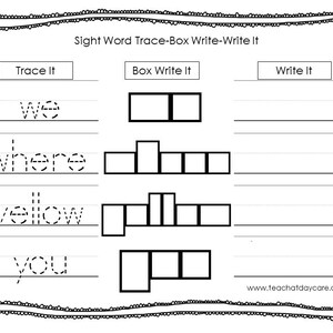 10 Printable Dolch Pre-primer Sight Words Trace It, Box Write It, Write ...