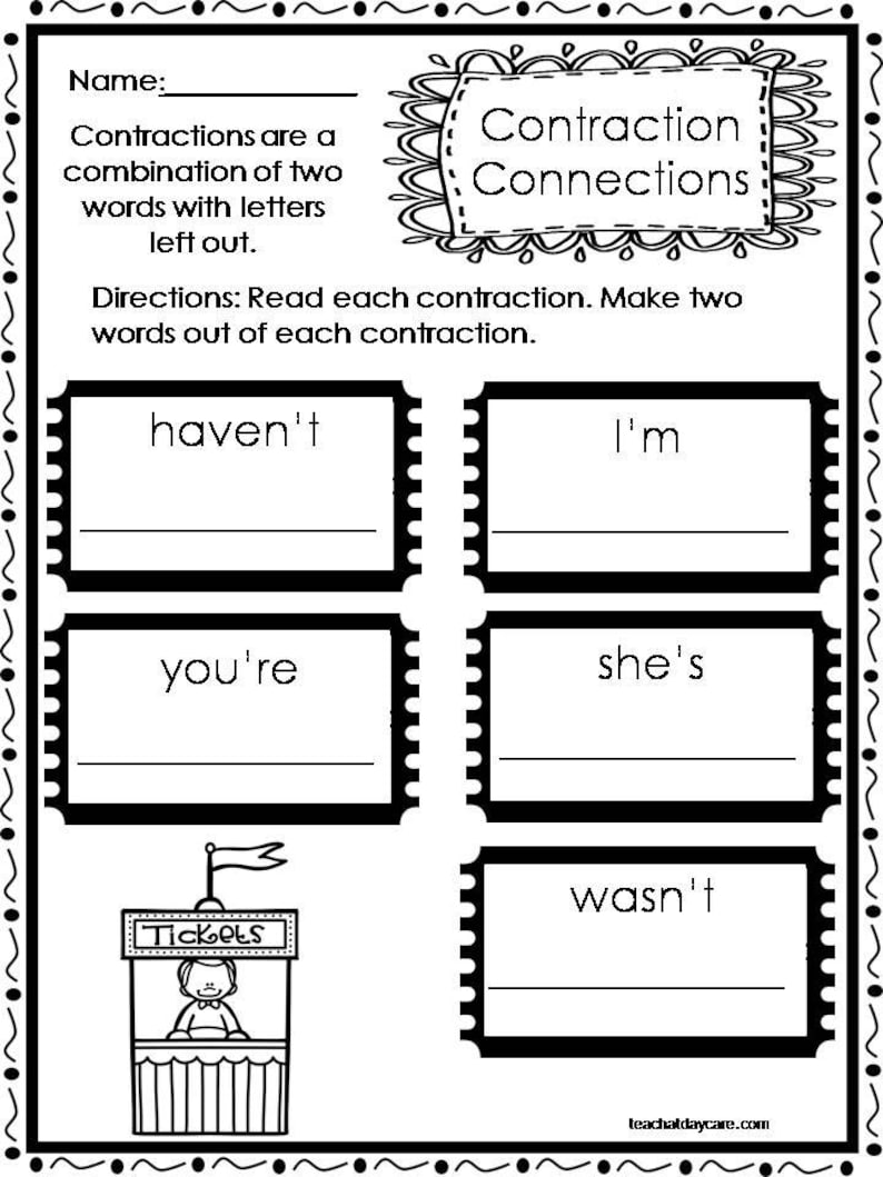10 Printable Contractions Worksheets. 1st-2nd Grade ELA | Etsy