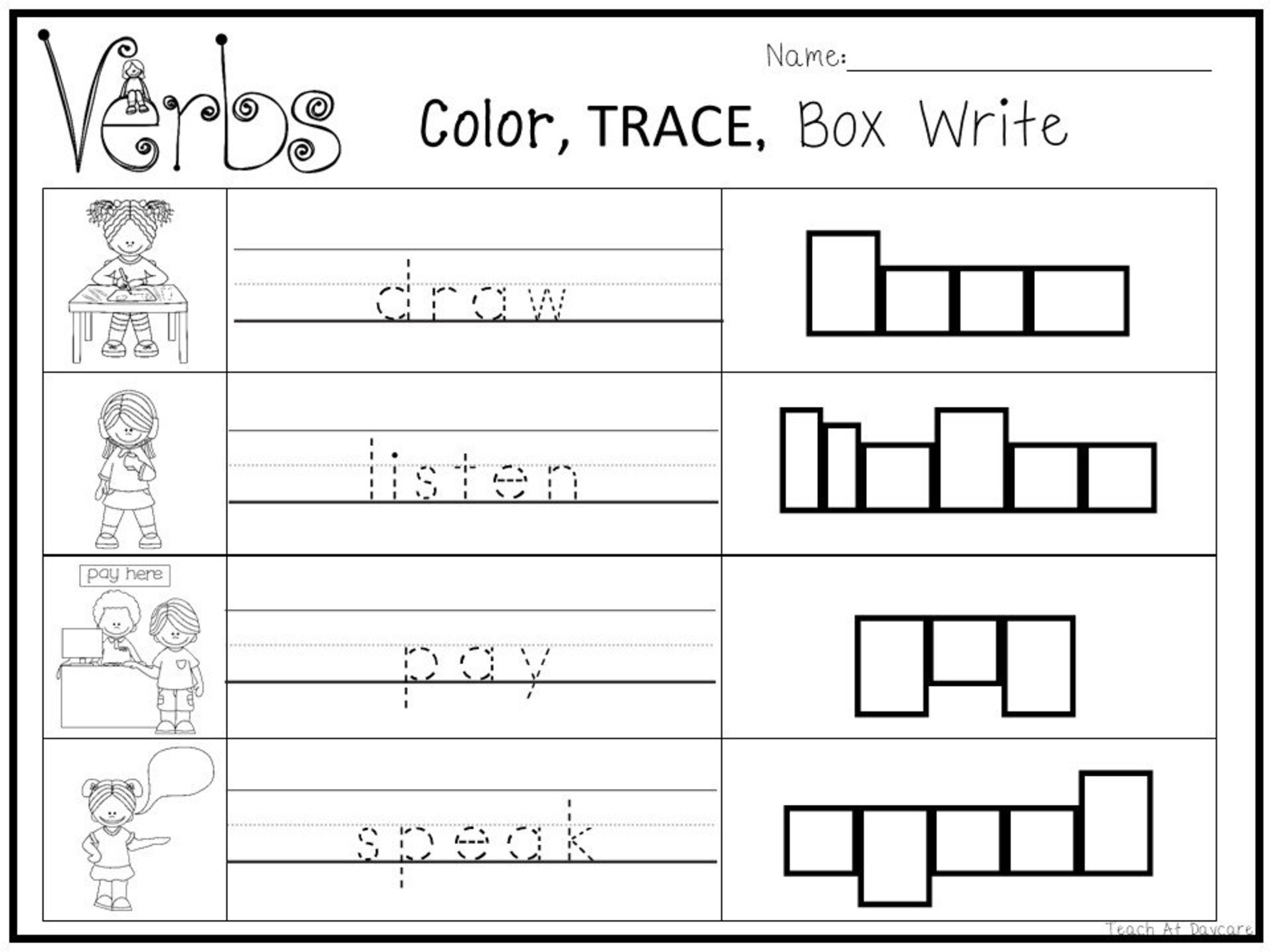 10 Printable Verbs Color, Trace, Box Write Worksheets. 1st-2nd Grade ...