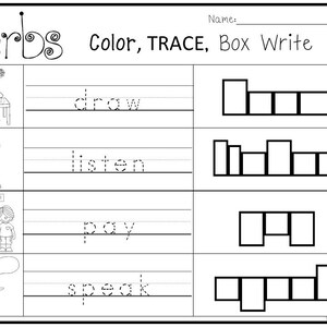 10 Printable Verbs Color, Trace, Box Write Worksheets. 1st-2nd Grade ...