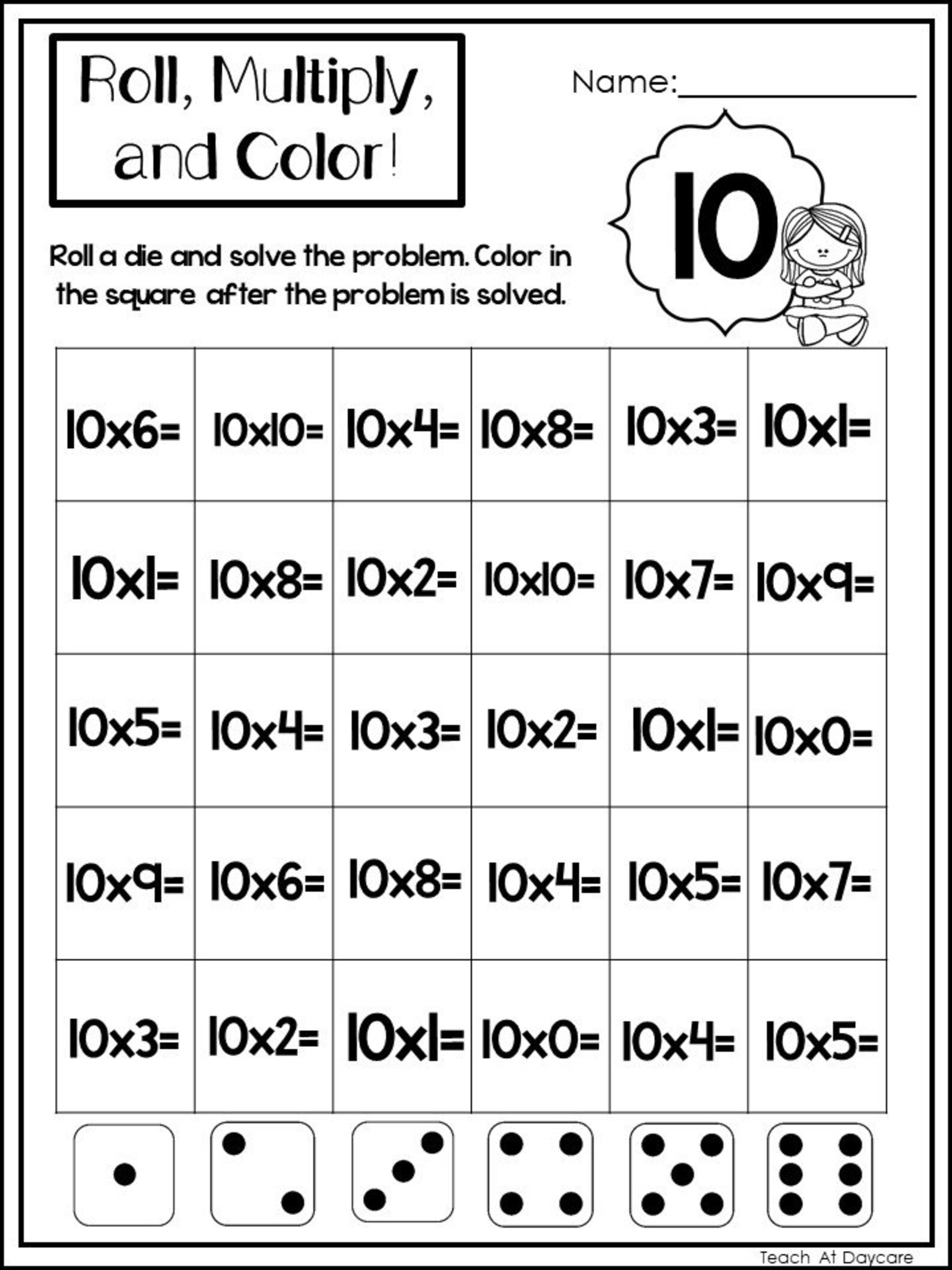 12 Printable Roll, Multiply, and Color Worksheets. Numbers 1-12. 1st ...