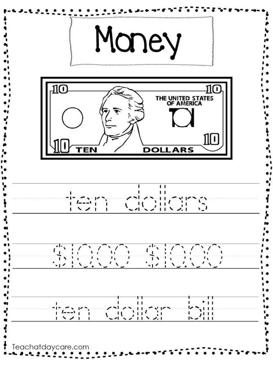 10 Printable Money Tracing Worksheets. Kdg.-2nd Grade Math. - Etsy