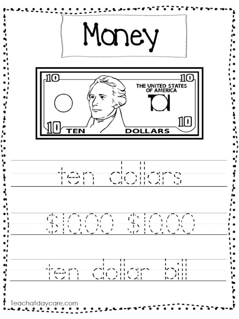 10 Printable Money Tracing Worksheets. Kdg.2nd Grade Math. | Etsy New ...