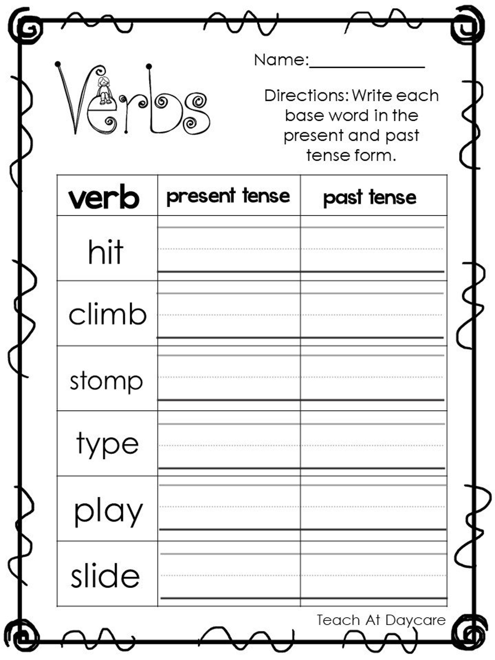 10 Printable Verbs Past and Present Tense Worksheets. 1st-2nd - Etsy